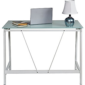 OneSpace Contemporary Glass Writing Desk, Steel Frame, White and Cool Blue