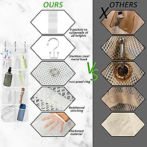 VOCHIC Shower Organizer with 3 Metal Loop Hangers, Thickened Shower Caddy or Bathroom Organizer with Quick Drying Mesh, Hanging Mesh 9 Pockets to Hold Shampoo, Soap, Loofah for Cruise Ship Essentials