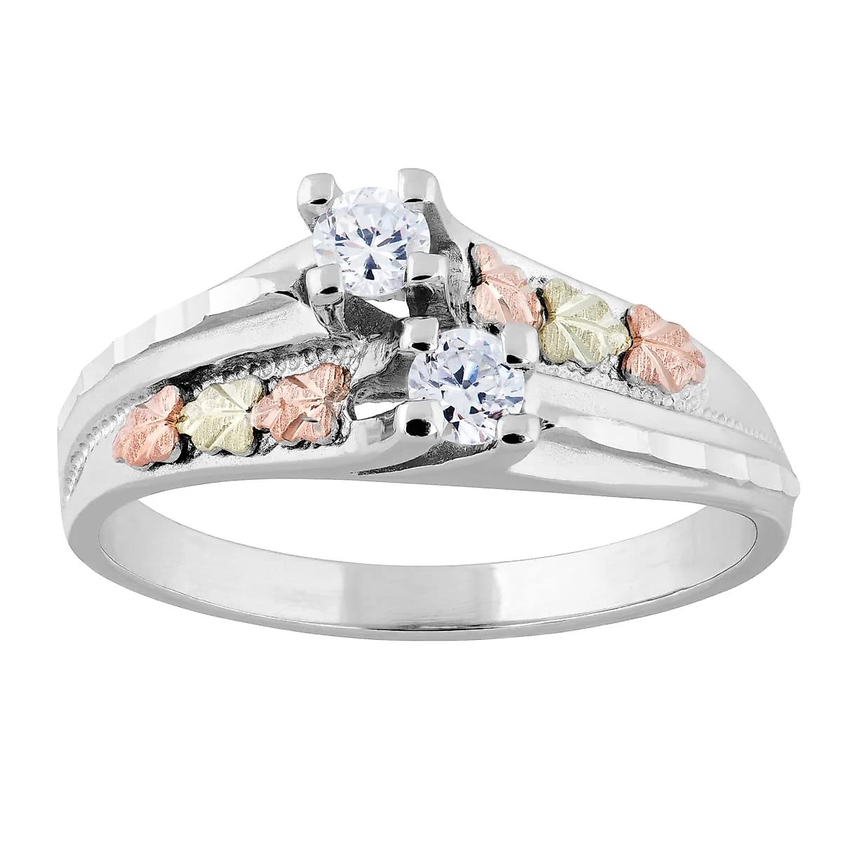 2 Stone CZ Ring, Sterling Silver, 12k Green and Rose Gold Black Hills Gold Motif, Size 6