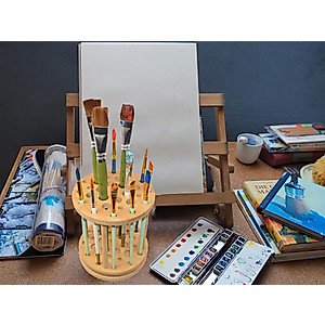 Yeeyeah 360 Rotating Paint Brush Holder Bamboo Paint Brush Tray Holder Rack-Large Capacity Watercolor Paint Brush Holder Display Stand and Organizer for Desk, Arts and Crafts