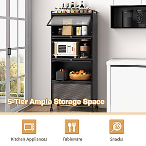 Giantex 5-Tier Kitchen Storage Cabinet, Mobile Microwave Stand with Flip-up PC Doors, Freestanding Kitchen Bakers Rack with 4 Rolling Casters, for Dining Room, Living Room and Study, Black