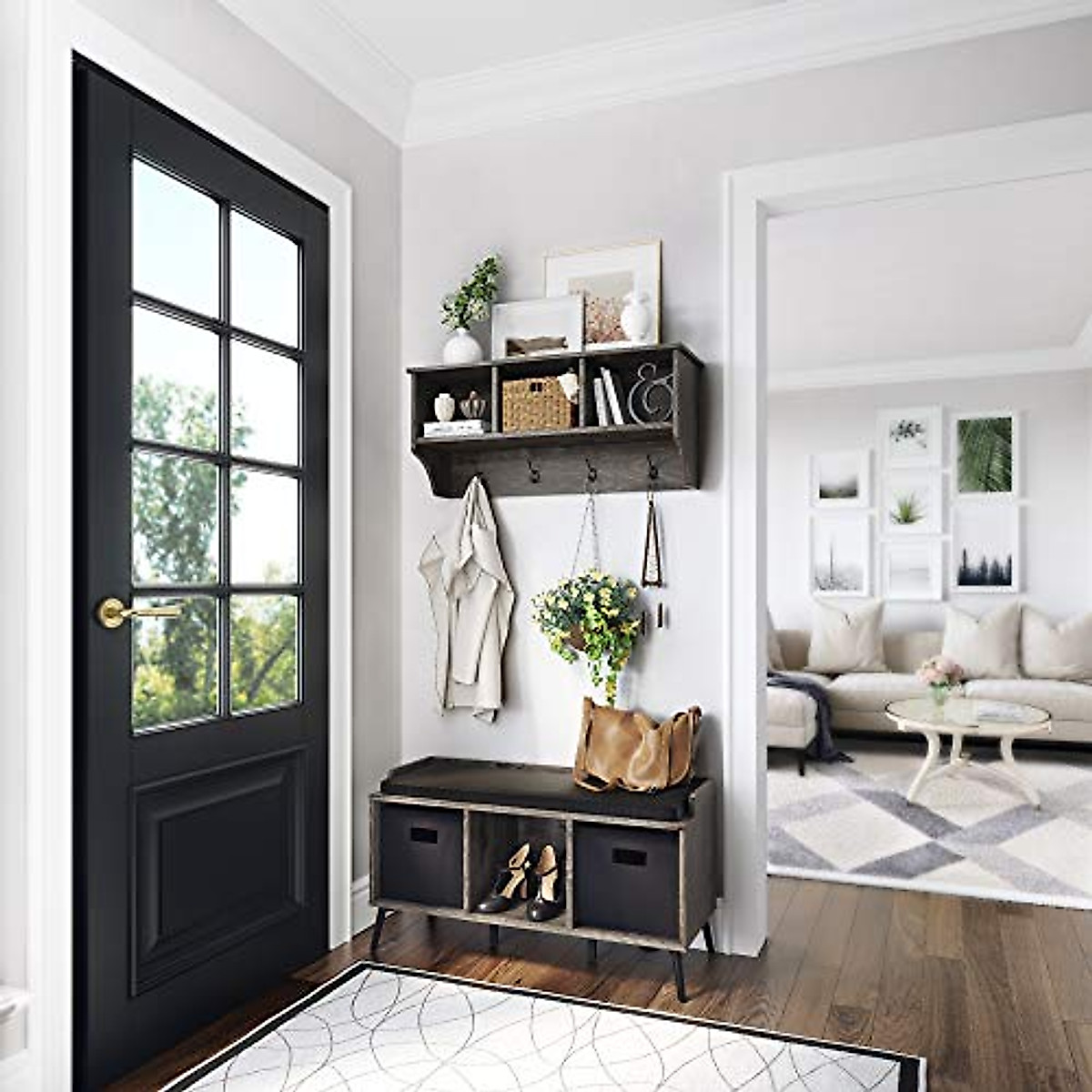 RiverRidge Home Woodbury Collection Cubbies and Hooks Wall Shelf, Dark Weathered Woodgrain