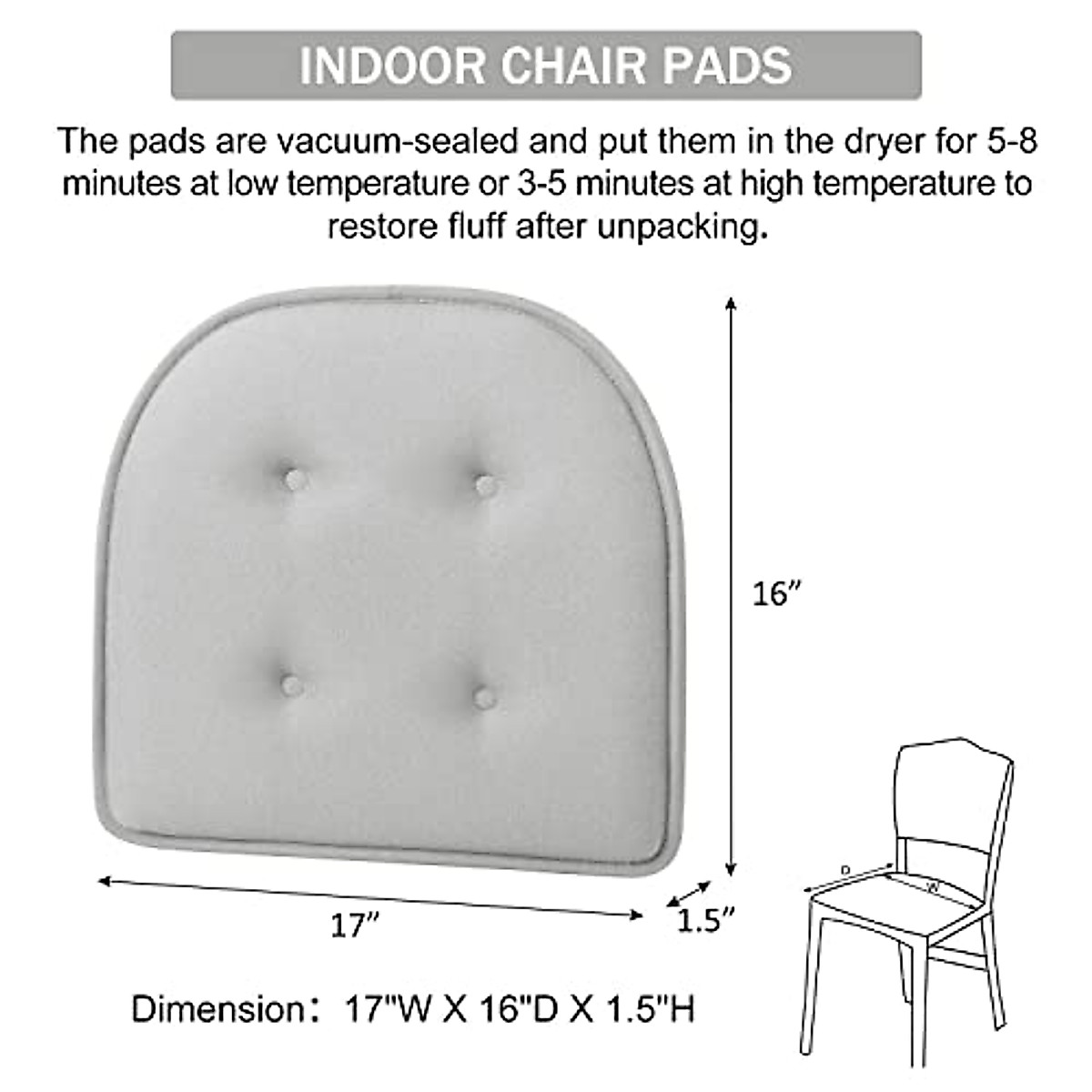 downluxe Indoor Chair Cushions for Dining Chairs, Tufted Soft and Comfortable Memory Foam Kitchen Chair Pads with Non-Slip Bottom for Dining Room and Office, 17" x 16" x 1.5", Light Grey, 6 Pack