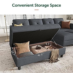 HONBAY Sectional Sleeper Sofa U Shaped Couch with Storage Ottoman for Living Room, Bluish Grey