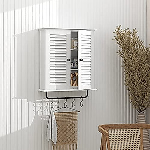 TaoHFE Bathroom Cabinet Wall Mounted White Designer Bathroom Wall Cabinet Medicine Cabinet with Double Shutter Doors 3 Tier Adjustable Shelf with Towel Rack Over The Toilet Storage Cabinet Laundry