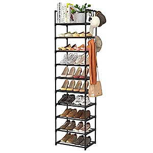 ROJASOP Tall Shoe Rack 10 Tiers Narrow Shoe Rack 20-24 Pairs Vertical Shoe Rack Space Saving Stackable Tall Shoe Rack for Closet Entryway Durable Shoe Shelf Storage Metal Shoe Tower with 8 Hooks