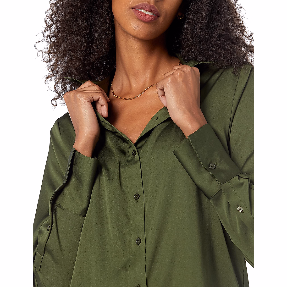Amazon Essentials Women's Classic-Fit Satin Button Down Blouse (Available in Plus Size), Dark Olive, X-Large