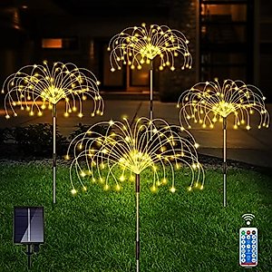 Solar Lights Outdoor, Warm White Garden Lights, 4 Pack Firework Lights with 120 LED Starburst String Lights 8 Modes Fairy Lights with Remote, Wedding Christmas, Lawn Backyard Party Patio Decoration