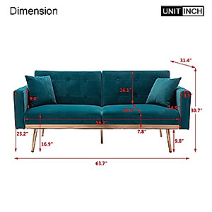 SLEERWAY Velvet Futon Sofa Bed with 5 Golden Metal Legs, Sleeper Sofa Couch with Two Pillows, Convertible Loveseat for Living Room and Bedroom, Teal