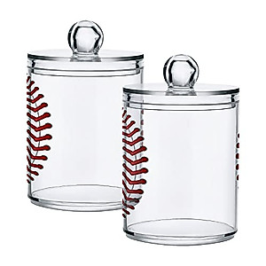 WELLDAY Apothecary Jars Bathroom Storage Organizer with Lid - 14 oz Qtip Holder Storage Canister, Sport Baseball Print Clear Plastic Jar for Cotton Swab, Cotton Ball, Floss Picks, Makeup Sponges,Hair