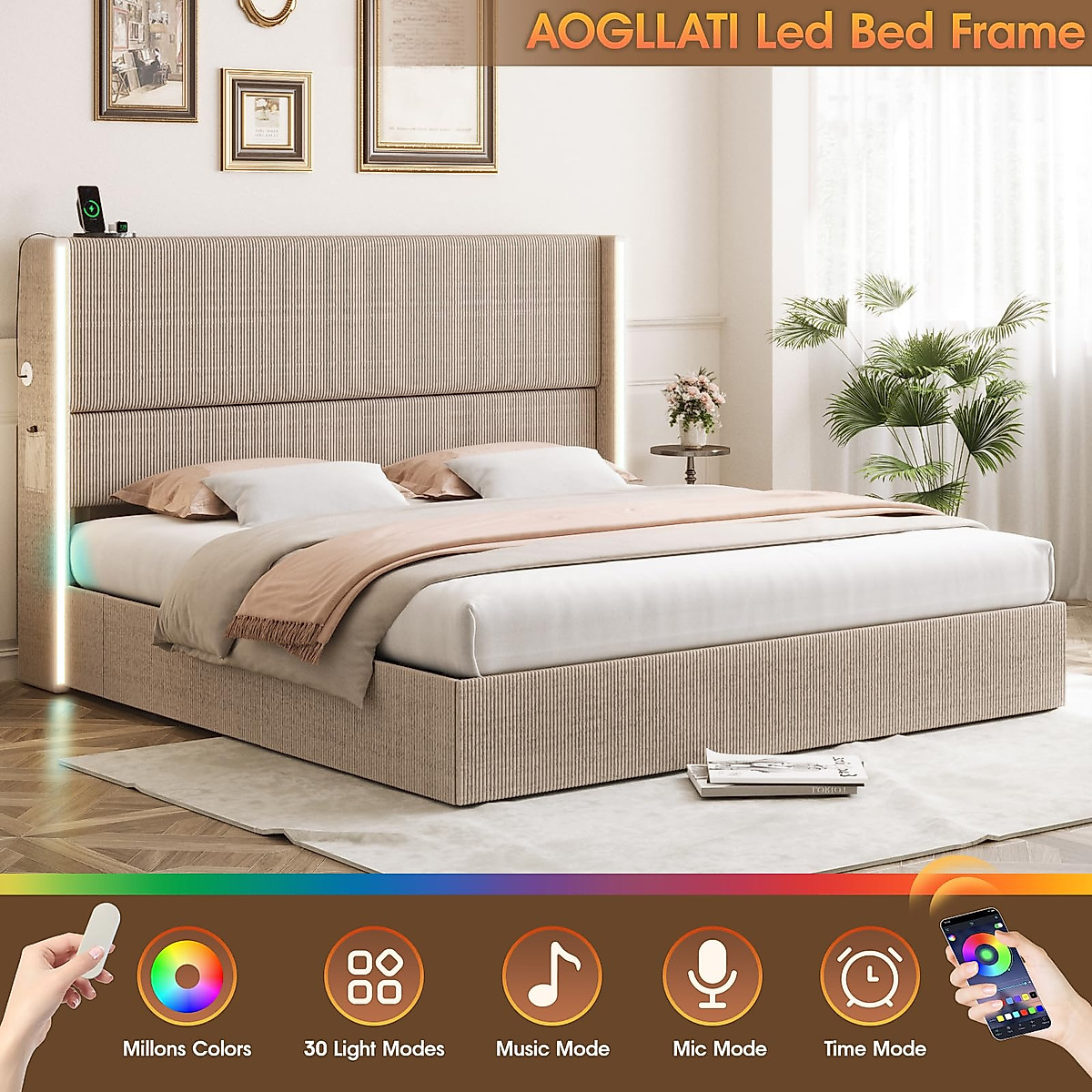 Queen Size Bed Frame with 4 Storage Drawers and LED Lights,Upholstered Queen Bed Frame with Headboard and Charging Station,Ease of Installation,Taupe