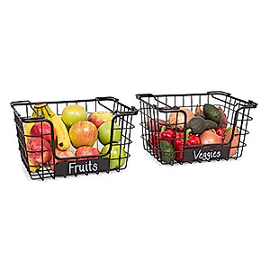 Stacking Wire Market Baskets with Chalk Label - Set of 2 - Fruit Vegetable Produce Metal Storage Bin for Kitchen Counter - Pantry Cabinet - Bathroom Shelves - Metallic Black
