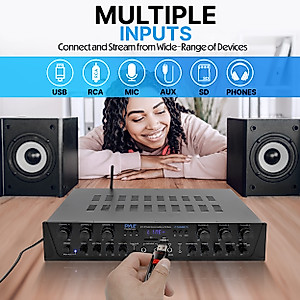 Pyle Wireless Home Audio Amplifier System-Bluetooth Compatible Sound Stereo Receiver Amp - 6 Channel 600Watt Power, Digital LCD, Headphone Jack, 1/4'' Microphone in USB SD AUX RCA FM Radio-PTA66BT.5