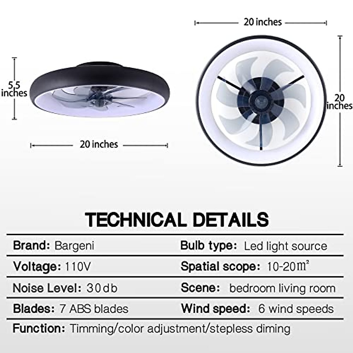 Femony Ceiling Fans with Light,20" Dimmable Modern Ceiling Fans with Lights and Remote,3 Light Color Change/6-Speed/Timing Setting,Flush Mount Ceiling Fan for Bedroom,Matte Black Finish