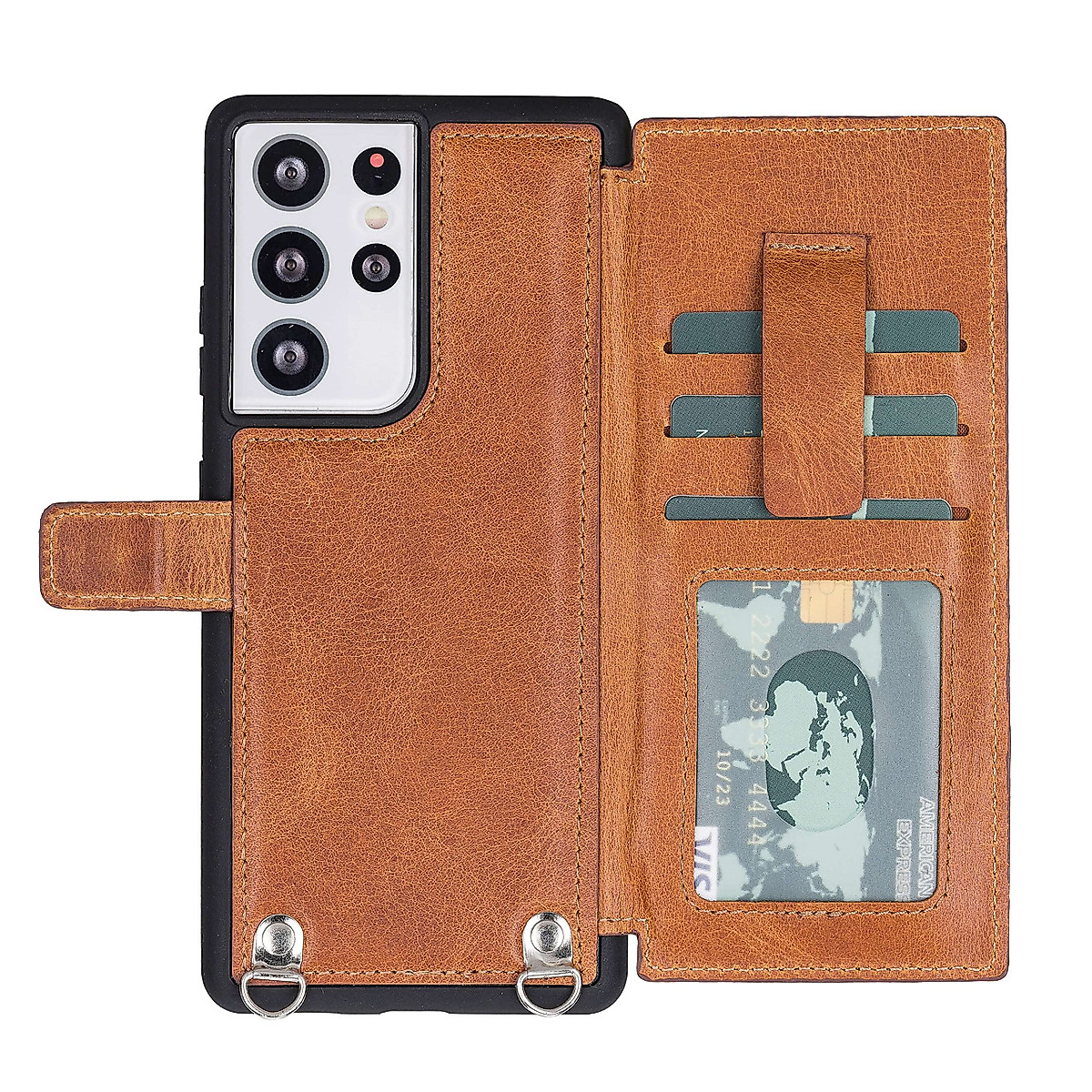 Venito Fermo Leather Wallet Case Compatible with Galaxy S21 Ultra – Crossbody Strap - Extra Secure with RFID Blocking (Antique Brown)