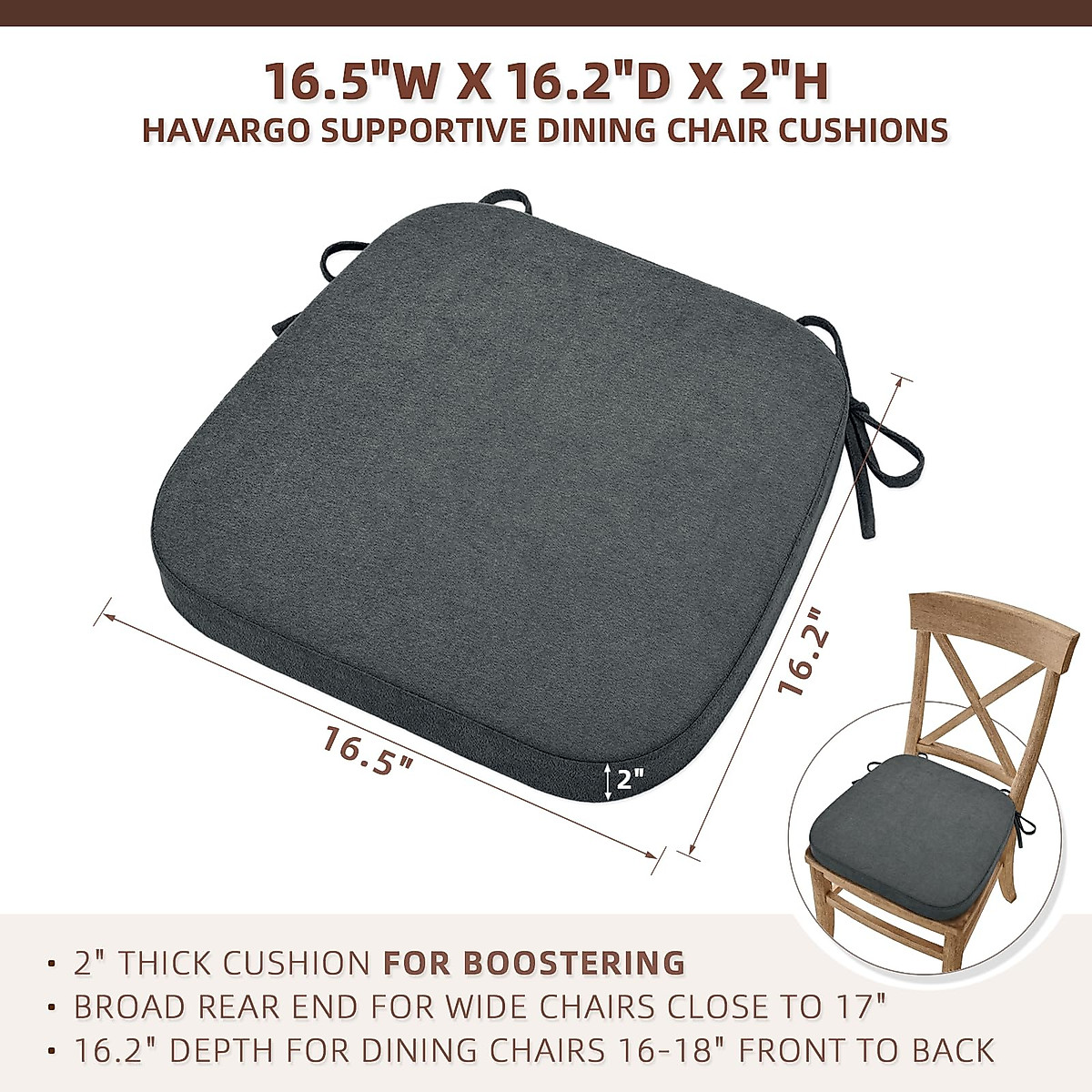 HAVARGO Chair Cushions for Dining Chairs with Supportive Foam [16.5x16.2 Inches] Kitchen Chair Pads Indoor Seat Cushions for Dining Chairs, 2" Thick Dining Room Chair Cushions Set of 4 Dark Grey