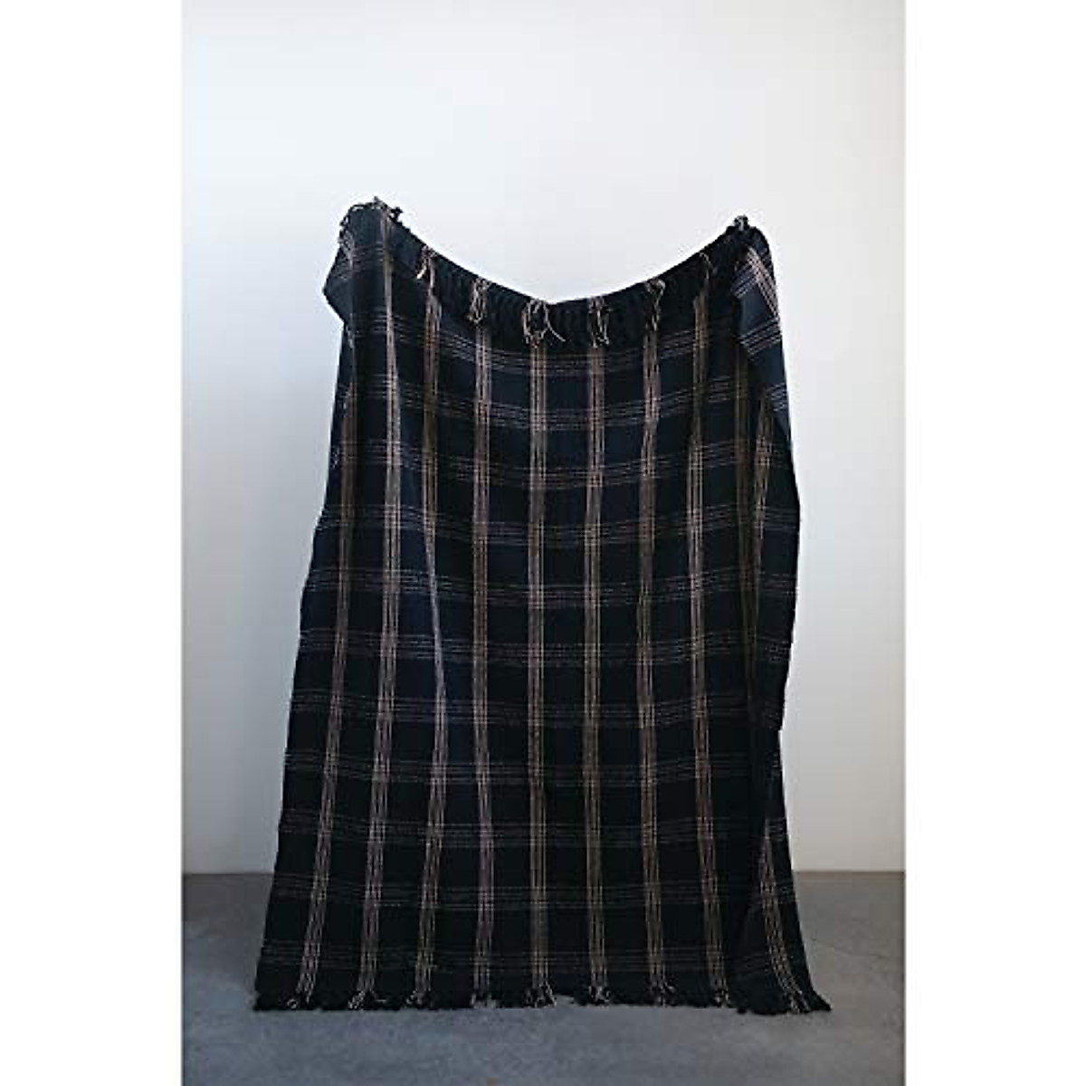Creative Co-Op Plaid Black & Tan Fringed Woven Cotton Blend Throw 60 inch x50