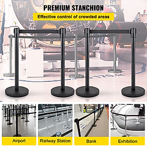 VEVOR Crowd Control Stanchion, Set of 4 Pieces Stanchion Set, Stanchion Set with 6.6 ft/2 m Black Retractable Belt, Black Crowd Control Barrier w/Concrete and Metal Base - Easy Connect Assembly