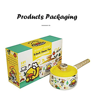 Cooker King x B. Duck 6 inch Milk Pot with Lid, Non-Stick Sauce Pan, Yellow Duck Pattern Small Cookware with Wood Handle-Yellow & White