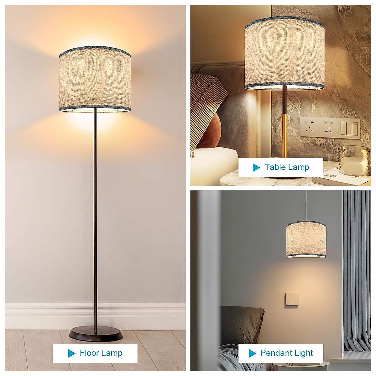 Lamp Shades Set of 2, Drum Lampshade for Table Lamps Floor Lamp, 13" Top X 13" Bottom X 10" High Grey Large Line Fabric Lamp Shades, Easy Assembly Replacement Lampshades