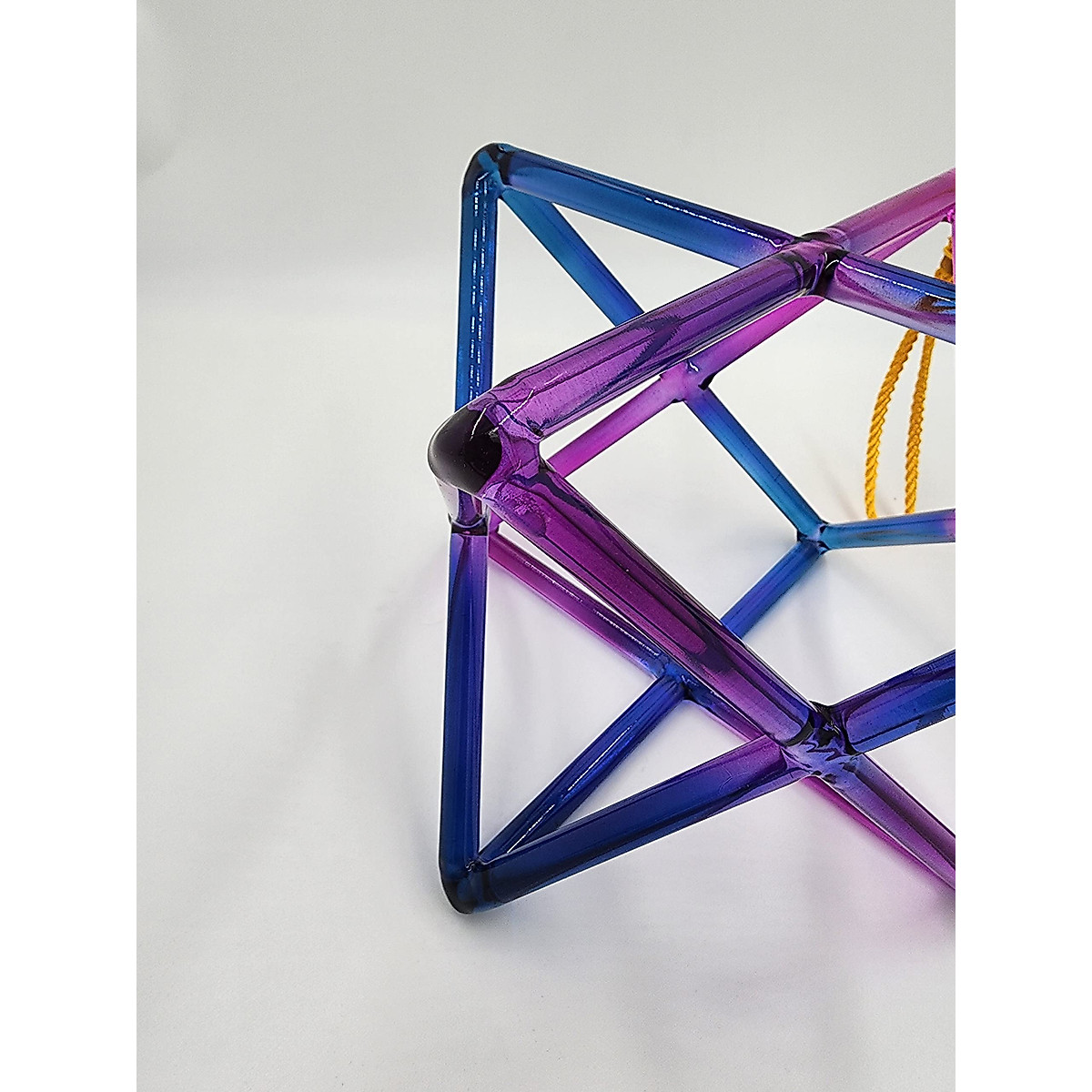 Yantra 8 Inch Violet Blue Colored Chakra Healing Optically Clear Crystal Singing Merkaba Pyramid with Hanging Rope and 1 Suede Stick