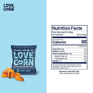 LOVE CORN Sea Salt 0.7oz x 20 Bags - Delicious Crunchy Corn - Healthy Family Snacks - Gluten Free, Kosher, NON-GMO - Alternative for Chips, Nuts, Crackers & Pretzels - Perfect for Charcuterie Boards