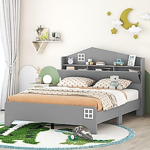 VilroCaz Funny Design Full Size Kids Bed Platform Bed with Storage Headboard, Wooden Platform Bed Frame with Shelves for Kids Teens Boys Girls Bedroom, Sturdy Slat Support (Grey-WF1)