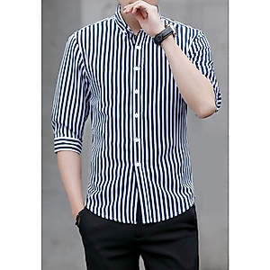 Men's Striped Button Down Shirts Casual Turn-Down Collar Slim Fit Shirts Classic Stylish Business Dress Shirts (Black,Large)