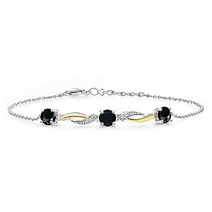 Gem Stone King 2-Tone 925 Sterling Silver and 10K Yellow Gold Black Onyx and White Lab Grown Diamond Tennis Bracelet For Women (1.47 Cttw, Gemstone Birthstone, 7 Inch with 1 Inch Extender)