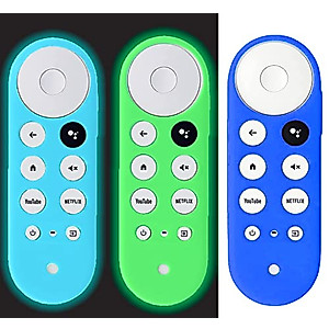 3 Pack Glow Remote Cover for Chromecast with Google TV HD 2022 / 4K 2020 Remote - Silicone Sleeve for Chromecast with Google TV Voice Remote Control Cover Case Glow in The Dark - Blue Green Dark Blue