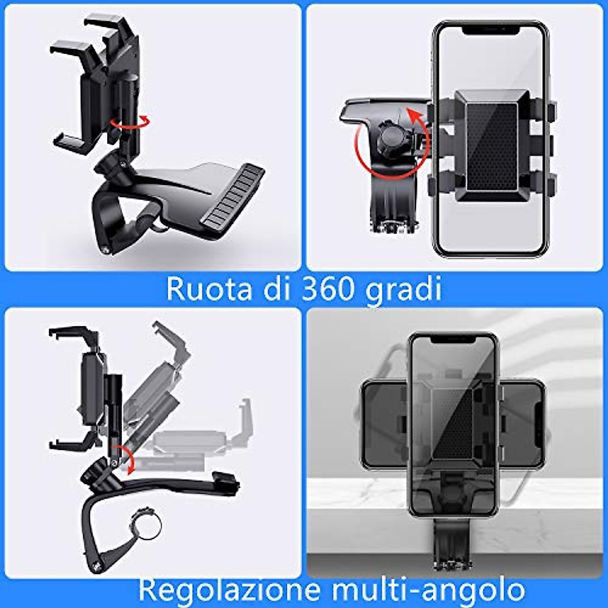 DMJWAN Car Phone Holder, Multifunction Car Dashboard Holder Rearview Mirror with 360 ° Adjustable Spring Clip, Suitable for 3 to 7 Inch Smartphones