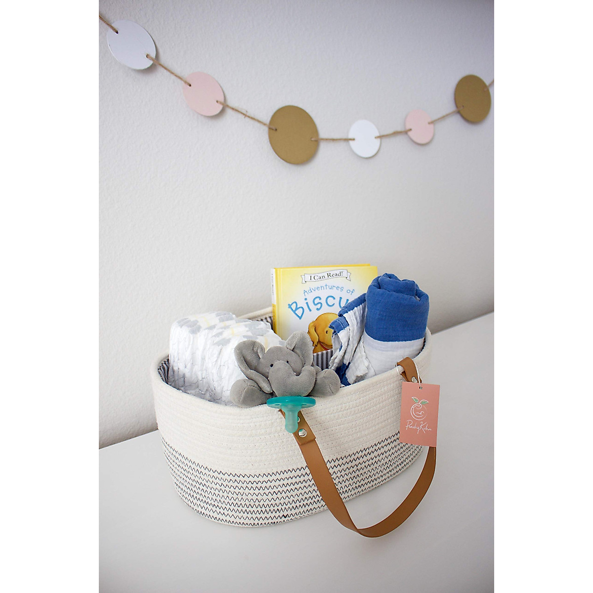 PeachyKehn Rope Baby Diaper Caddy Organizer – Trendy Nursery Storage Bin – Large Woven Cotton Tote with Removable Inserts and Eco Leather Handles – Baby Car Organizer or Shower Gift Basket