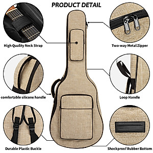 LETSROCK Acoustic Guitar Bag with 0.5 Inch Thick Padding Fit 39 40 41 Inch Acoustic Classical Guitars Waterproof Guitar Gig Bag Guitar Case Khaki