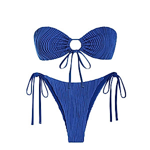 ZAFUL Women's Bandeau Bikini Set Tie Side Swimwear O Ring Cinched Strapless Swimsuit Halter Two Piece Bathing Suit