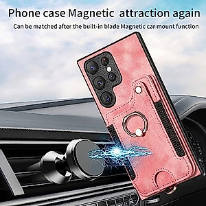 AIYZE ATOP Compatible with Samsung Galaxy S22 Ultra Case Wallet Leather | Wrist Strap | Kickstand | Card Slot | RFID Blocking | Ring Hoder | Magnetic Car Mount Function Phone Cover - Pink