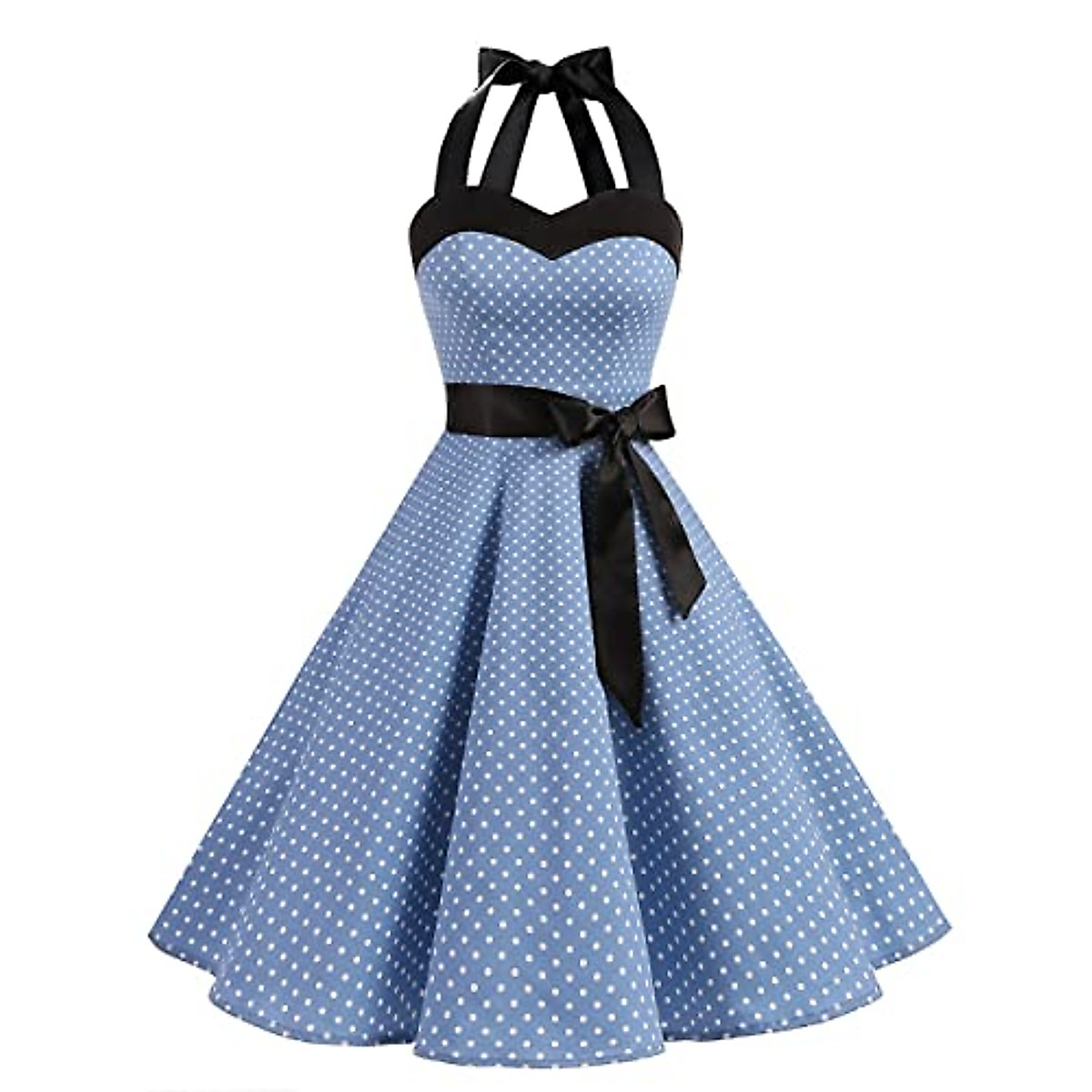 DRESSTELLS Women Vintage 1950s Cocktail Polka Dot Dress, 50s 60s Retro Pinup Formal Wedding Party Halter Rockabilly Swing Dress Blue Small White Dot S