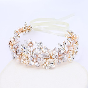 Oriamour Wedding Headband Bridal Headpiece Flower Design With Genuine Freshwater Pearls And Ribbons Hair Accessories For Bride (Gold)