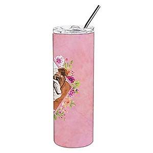 Caroline's Treasures CK4240TBL20 English Bulldog Pink Flowers Double Walled Stainless Steel 20 oz Skinny Tumbler, 20 oz, multicolor
