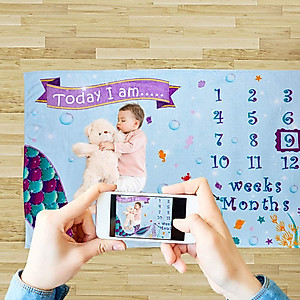 WERNNSAI Mermaid Baby Milestone Blanket - Fleece Weekly Monthly Blankets for Girls Newborn Infant Baby Shower Birthday Xmas Gift Photography Background Prop, 60” × 40”