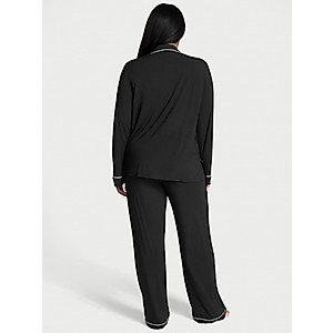 Victoria's Secret Modal Pajama Set, Long Sleeve Shirt and Pants, Pajamas for Women, Black W Angel Pink Piping, S