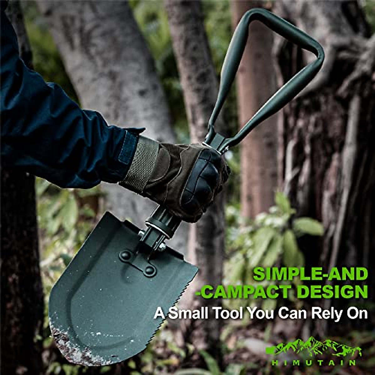 Himutain 18.5'' Military Folding Camping Shovel, w/Pick Foldable Tactical Shovel for Gardening, Camping, Hiking, Outdoor, Backpacking, Emergency (Olive)