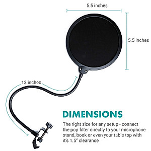 Movo PF-6 Dual Layer Nylon Mesh Microphone Pop filter, Gooseneck Arm and Clamp Mount. Pop Filter Delivers Professional Sound Quality Compatible with Blue Yeti, Blue Snowball Microphones and more