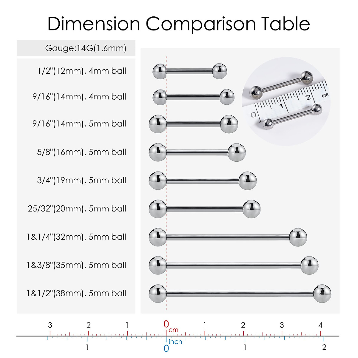 FINE4U 14G Nipple | Tongue Rings Piercing Jewelry Titanium - ASTM F136 Titanium Straight Barbell for Women & Men, Internally Threaded Hypoallergenic (14G × 16mm × 5mm)