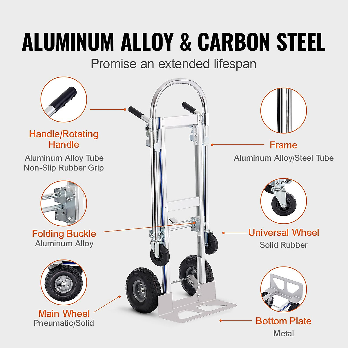 VEVOR Aluminum Convertible Hand Truck, 2 in 1 Design 800 Lbs Capacity, Heavy Duty Industrial Collapsible cart, Dolly Cart with Rubber Wheels for Transport and Moving in Warehouse, Supermarket, Garden