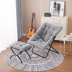 Givjoy Comfy Saucer Chair with Ottoman, Oversized Folding Faux Fur Chair Soft Furry Lounge Lazy Chair with Metal Frame Moon Chair Accent Chair for Bedroom, Living Room, Dorm Rooms