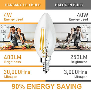 hansang E12 LED Candelabra Bulb 2700K Warm White, 40W Equivalent Type B Light Bulbs, 4W Candle Shape B11 LED Bulb for Chandelier, LED Filament with Clear Glass, 120V, 400LM, 6 Pack, Non-dimmable