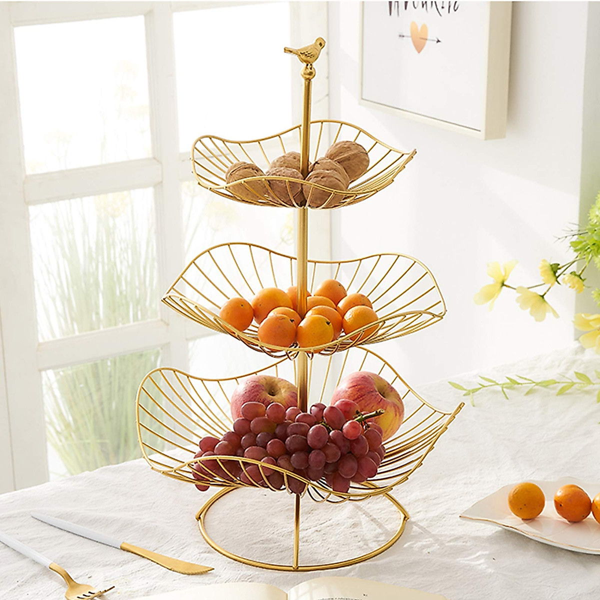 3 Tier Fruit Basket Stand, Modern Tiered Fruit Bowl for Kitchen Counter, Metal Fruit Bowl Bread Baskets, Detachable Fruit Holder Storage Baskets Stand, Black/White/Gold,Gold