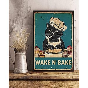 Geuuki Metal Sign Wake N' Bake Retro Metal Sign Funny Cat Metal Poster Vintage Black Cat Metal Poster 8x12 Inch