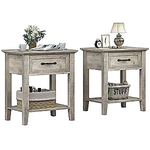 GAOMON Set of 2 Grey Nightstands End Table Side Table Living Room with Drawer and Storage Shelf Wood Night Stand Bedside Table for Bedroom Nursery College Dorm
