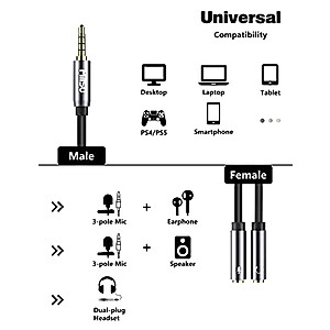 MillSO Headset Adapter CTIA 3.5mm Y Splitter Headphone Jack Splitter Adapter (3.5mm 4 Pole TRRS Male to 2 TRS 3 Pole Female) Compatible for Xbox One, PS4, PC, Tablet, Laptops, phone - 12inch/30CM Gray